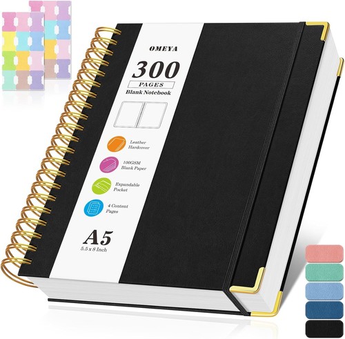 Blank Spiral Notebook: Leather Sketch Book, 300 Pages Hardcover Unlined ...