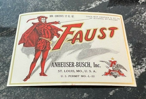 D) PROHIBITION FAUST BEER 12 OZ BOTTLE LABEL ANHEUSER BUSCH BREWING ST ...