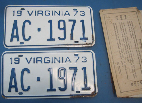 New Unused Pair 1973 Virginia License Plates DMV clear for vintage ...