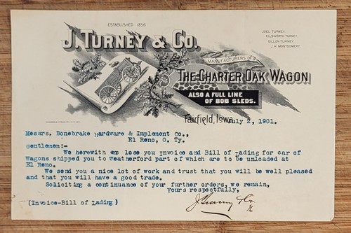 Letterhead Iowa 1901 Fairfield J Turney Company Carriages | eBay
