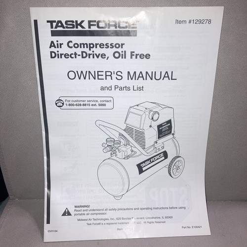 Task Force Air Compressor Owner's Manual 129278 - Authentic Original | eBay