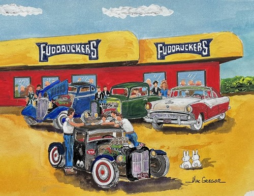 Fuddruckers art print Saugus MA 50's hot rods carhop hamburger diner 55 ...