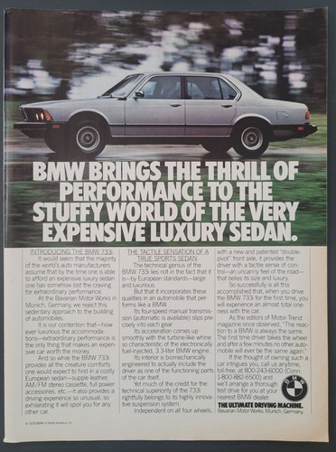 1978 PRINT AD BMW 733i "Thrill of performance to stuff world of Luxury ...