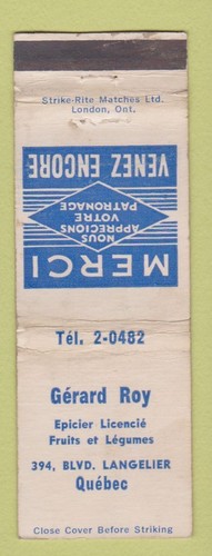 Matchbook Cover - Gerard Roy Grocery Quebec QC WORN | eBay