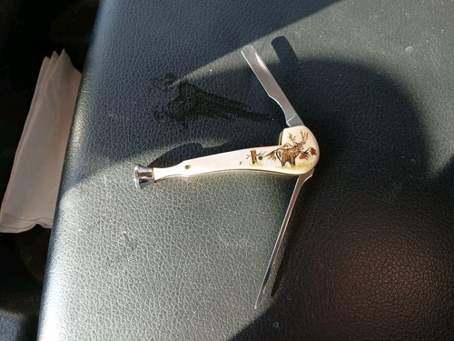 Vtg NATIONAL BLADE Tobacco Pipe Tool Scrimshaw Deer 2-Blade Folding ...