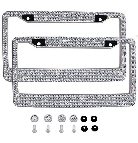 2 All White Silver Bling Glitter Crystal RhineStone License Plate Frame ...