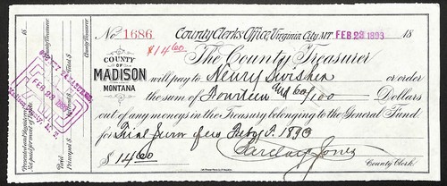 1893 Treasurer of Madison County Montana Check Virginia City "Swisher ...