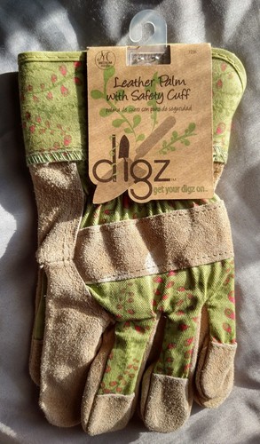 Digz Medium Leather Gardening Work Gloves Denim Back Rubberized Safety ...