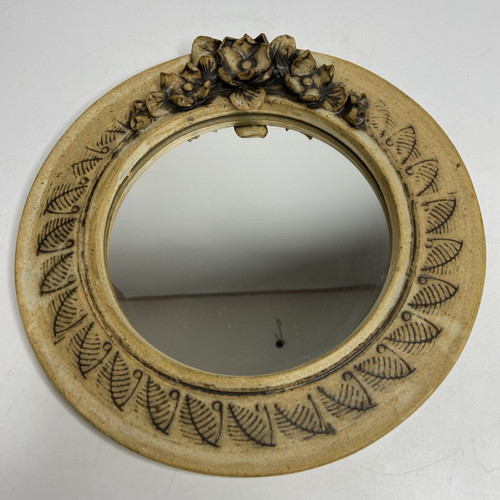Vtg Artisan Studio Pottery Mirror Stoneware Round Applied Floral 10 in ...