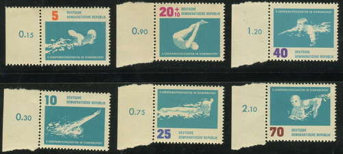 DDR 1962 European Swimming Championships set of 6 MNH margin pairs ...
