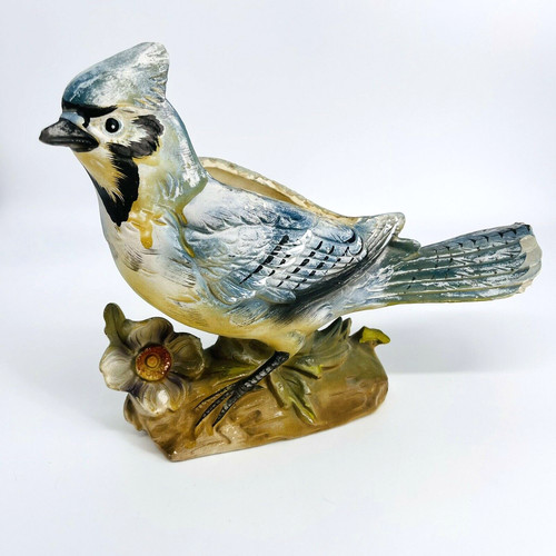 VINTAGE CERAMIC LEFTON HAND PAINTED BLUE JAY ON LOG W/FLOWER PLANTER ...