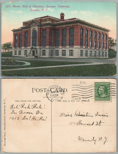 SYRACUSE UNIVERSITY N.Y. BOWNE HALL of CHEMISTRY 1912 ANTIQUE POSTCARD ...