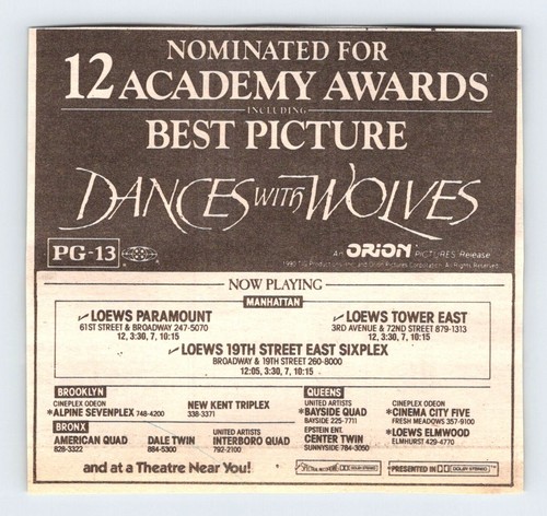 1991 DANCE WITH WOLVES MOVIE AD Vintage 4.5"X4" Newspaper Clipping M556 ...