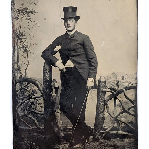 Tintype Photo Dapper Man Top Hat Cane Squirrel On Fence Painted ...