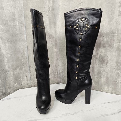 Tory Burch Colleen Black Leather Knee High Boots 6M Gold Stud Logo ...