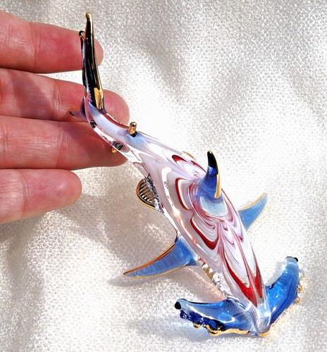 Blue Maroon HAMMERHEAD shark figurine handmade blown glass gold trim 4. ...
