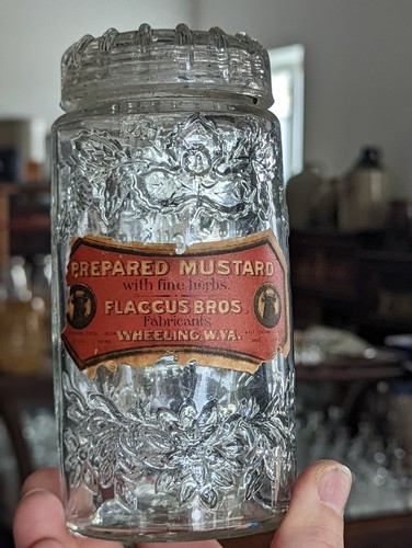 ***LABELED**" Flaccus Bros Mustard Steers Head Mason Fruit Jar w ...