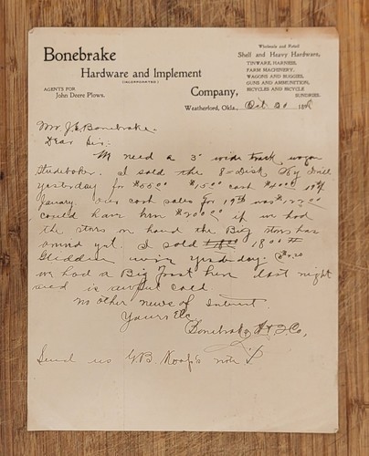 1898 Letterhead Oklahoma Territory Weatherford Bonebrake Hardware ...