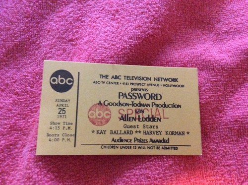PASSWORD TAPING TICKET ALLEN LUDDEN KAY BALLARD HARVEY KORMAN RARE ABC ...