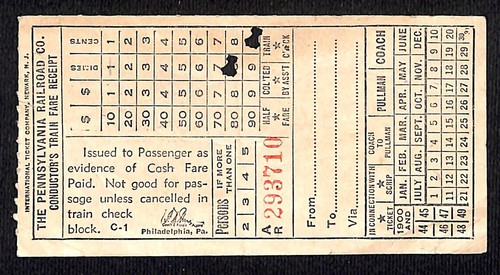 Pennsylvania Railroad Conductor's Train Fare Receipt c1946 #293710 | eBay