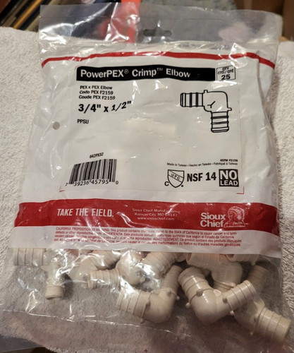 SIOUX CHIEF 642PX32 3/4" x 1/2" PowerPex Crimp 90 Elbow F2159, Qty 25 ...