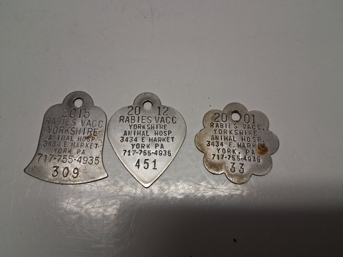Lot of 3 Rabies Vaccine Tags YORKSHIRE ANIMAL HOSPITAL YORK,PA | eBay