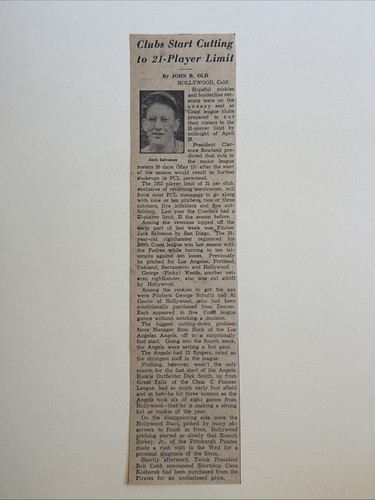 Jack Salveson San Diego Padres 1953 Sporting News Baseball 2X9 Panel | eBay