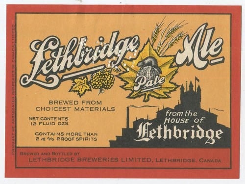Old Lethbridge Pale Ale Beer Label Lethbridge Breweries Ltd. Canada 12 ...