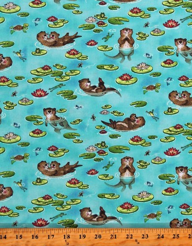 Cotton River Romp Otters Lily Pads Frogs Rivers Fabric Print by the ...