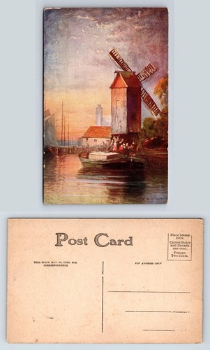 Inland Port Postcard with Windmill and Boats Vintage Art Print | eBay