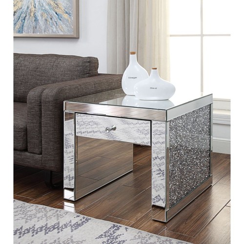 Mirrored End Table w/Drawers & Faux Diamond Inlay - Silver Tempered ...