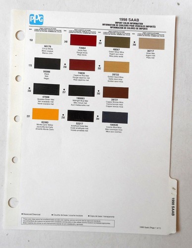 1998 SAAB PPG COLOR PAINT CHIP CHART ALL MODELS | eBay