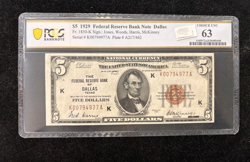1929 $5 National Currency Dallas Texas Fr 1850-K PCGS 63 Choice ...