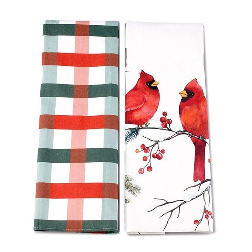 Cardinal Kitchen Towels 2-pc Holiday Bird Holly Branch Green Red Plaid ...