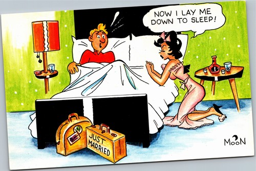 Moon signed comic Bride saying prayers on honeymoon Now I lay me down ...