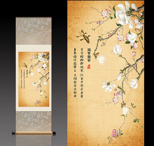 Chinese Silk Scroll Painting Magnolia Swallow Home Office Decoration ...