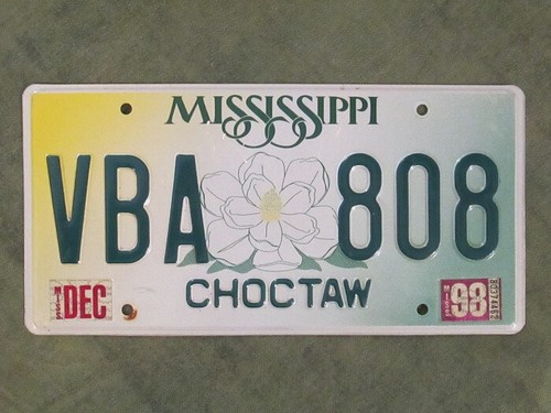 *99 CENT SALE* 1998 Mississippi License Plate # VBA 808 Choctaw Indian ...