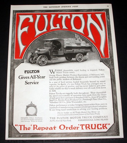 1919 OLD MAGAZINE PRINT AD, FULTON MOTOR TRUCK, 1 1/2 TON MDL, ALL YEAR ...