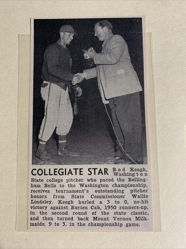 Rod Keogh Bellingham Bells Washington Honors 1951 Baseball Small ...