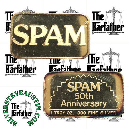 SPAM 50th Anniversary 1 Troy Oz 999 Silver Bar Golden State Mint GOLD ...