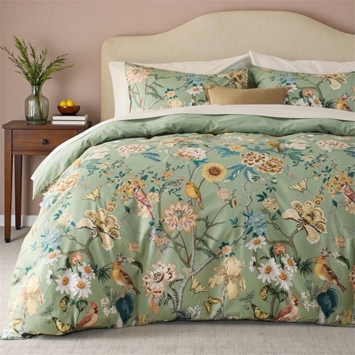 NEW Anthro Green Floral Bird Boho Cotton Queen King Size Bedding Duvet ...