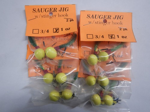 Sauger Jigs 1oz With Stinger Hook 1 dozen Flo. Yellow Head, Dark Green ...