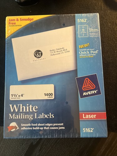 Avery Laser White Mailing Labels 5162 Size 1.33X4 Jam Free Package of ...