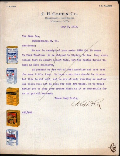 C H Copp & Co - 1919 Wheeling West Virginia - J M Walters - Letter Head ...