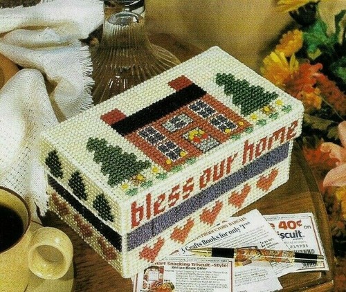 BLESS OUR HOME STORAGE BOX HOME DECOR PLASTIC CANVAS PATTERN ...