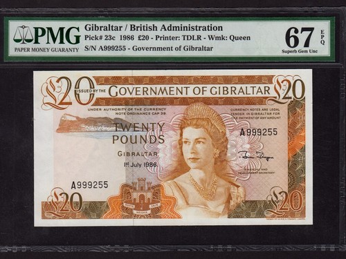 Gibraltar:P-23c,20 Pounds,1986 * Queen Elizabeth II * PMG S. Gem UNC 67 ...