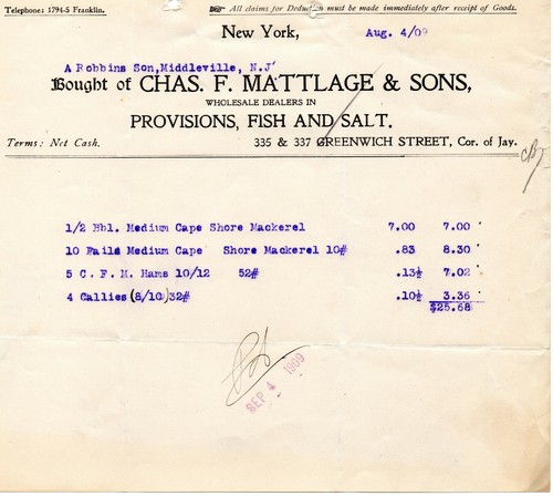 Aug 4, 1909 Chas. F. Mattlage & Sons Provisions Fish original paper ...