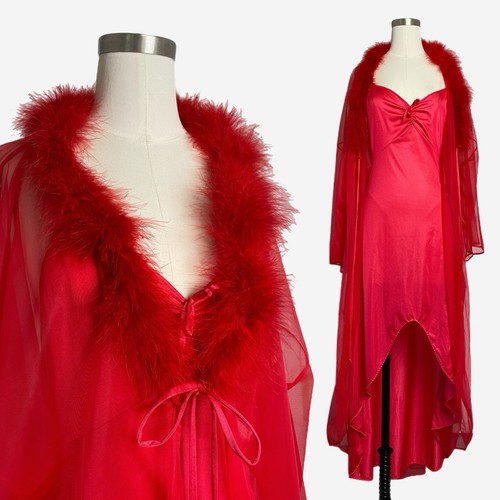 Vintage 80s Undercover Wear red feather trim peignoir set femme fatale ...