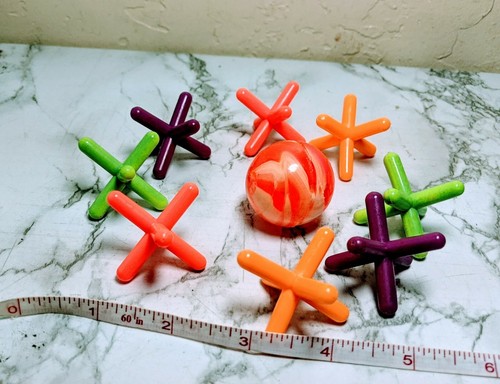 Vintage rubber plastic Jacks Set bounce ball 8 toy pink kids neon ...