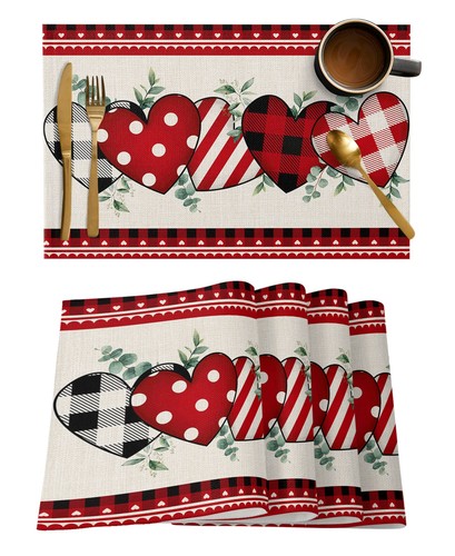 Valentine Placemats Set of 6 Gnome Place Mats Buffalo Plaid Red Love ...
